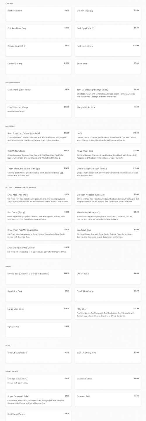 Lao Ocean menu in Gulf Breeze, Florida, USA