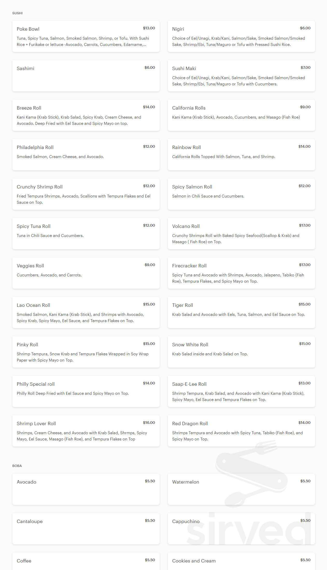 Lao Ocean menu in Gulf Breeze, Florida, USA