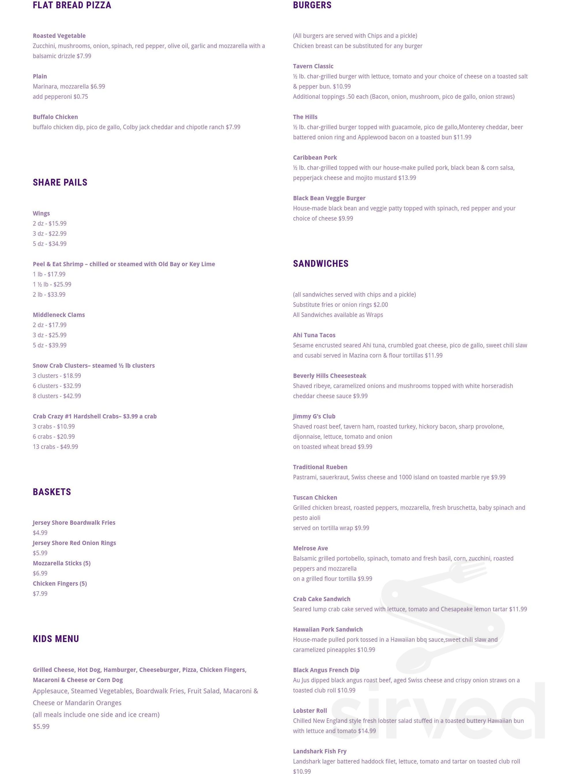 Jimmy G's Beverly Hills Tavern menu in Reading, Pennsylvania, USA