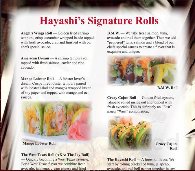 Hayashi Japanese Steakhouse menu in Albuquerque, New Mexico, USA