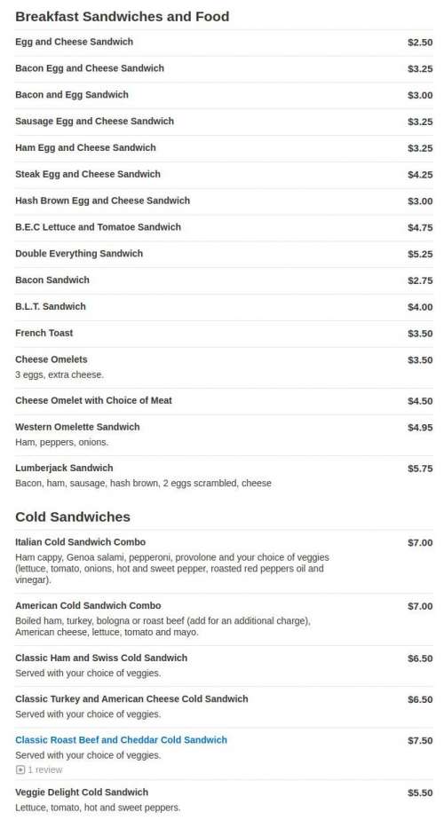 Tony's Deli menu in Pawling, New York, USA