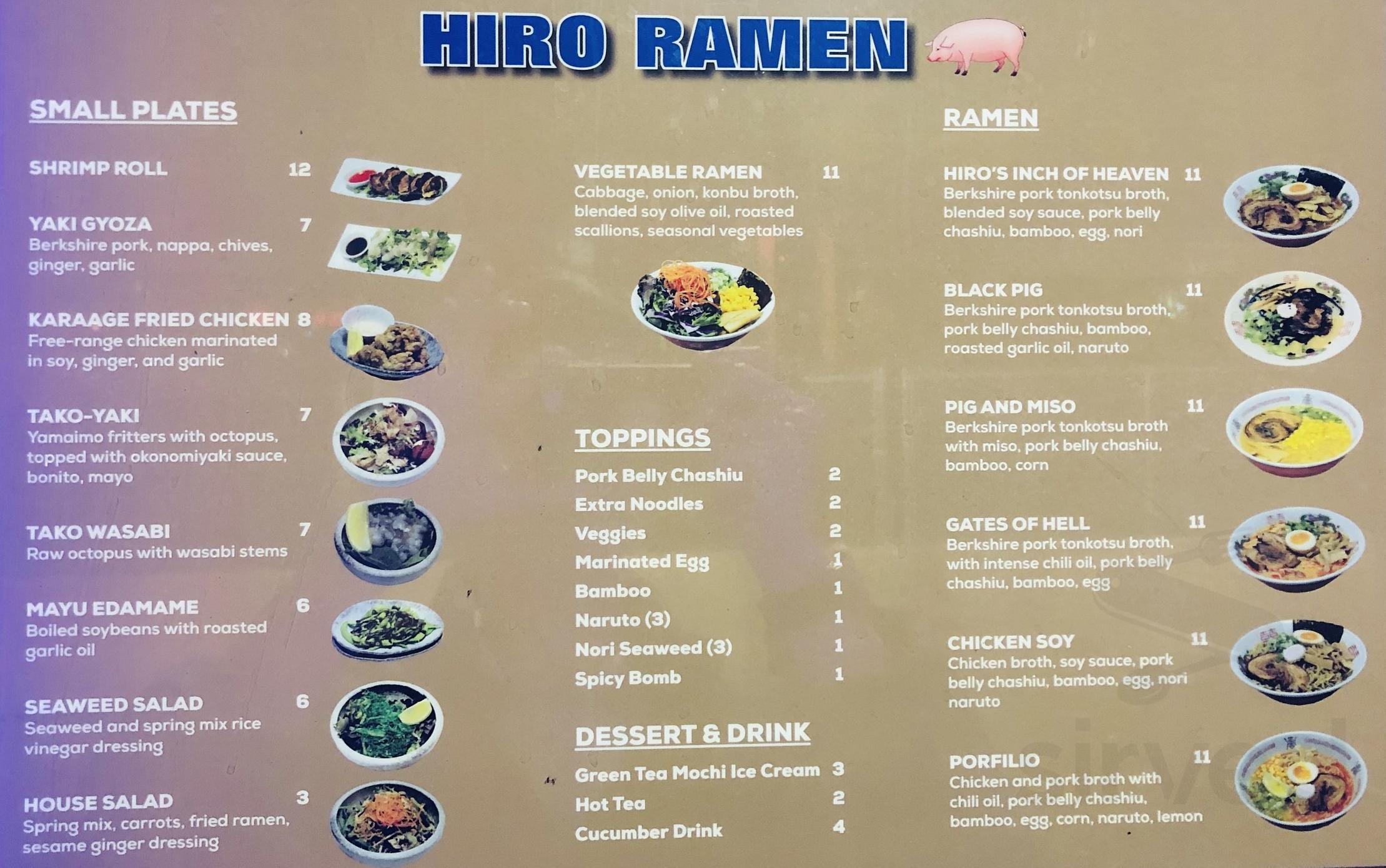 Hiro Ramen menu in Philadelphia, Pennsylvania, USA