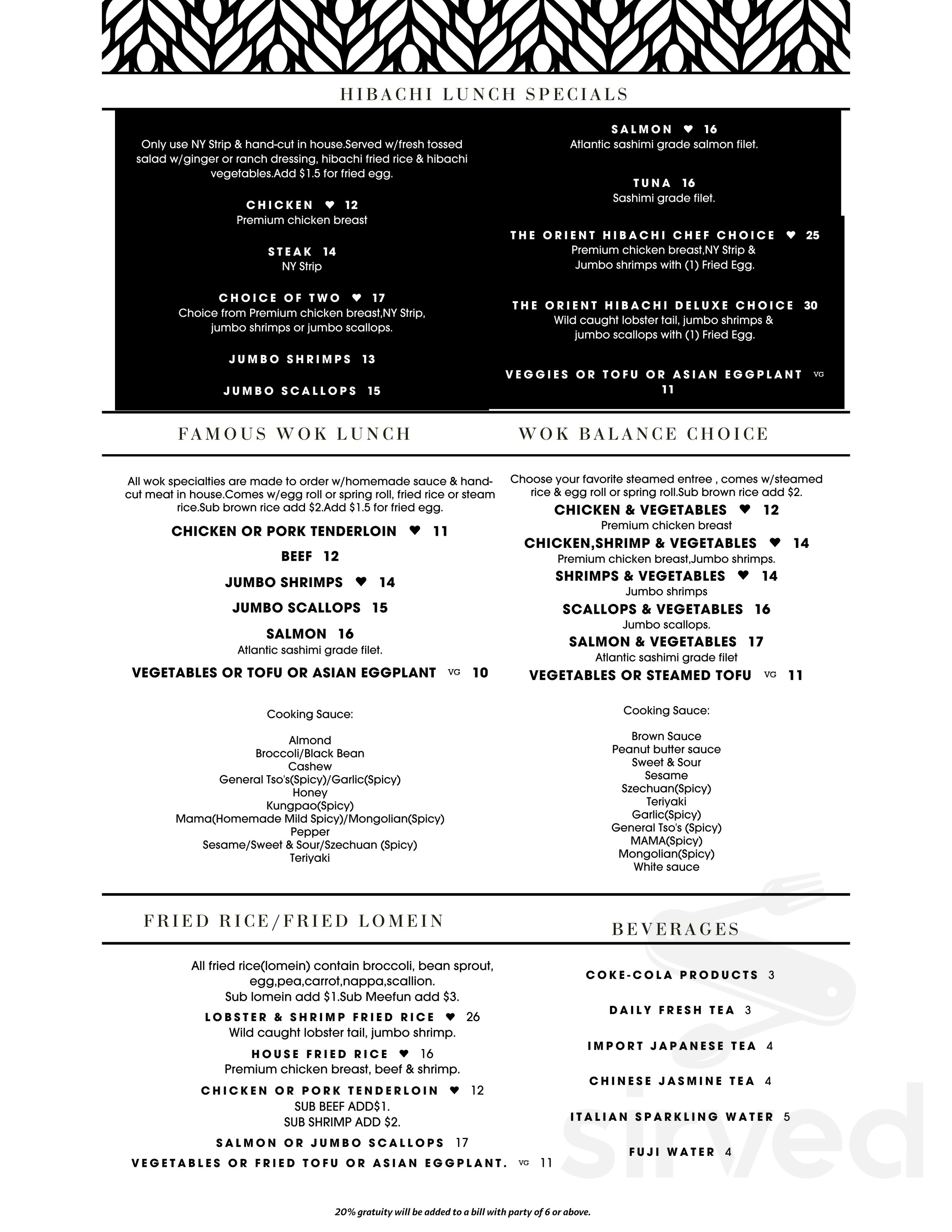 The Orient on Main menu in Greenville, South Carolina, USA