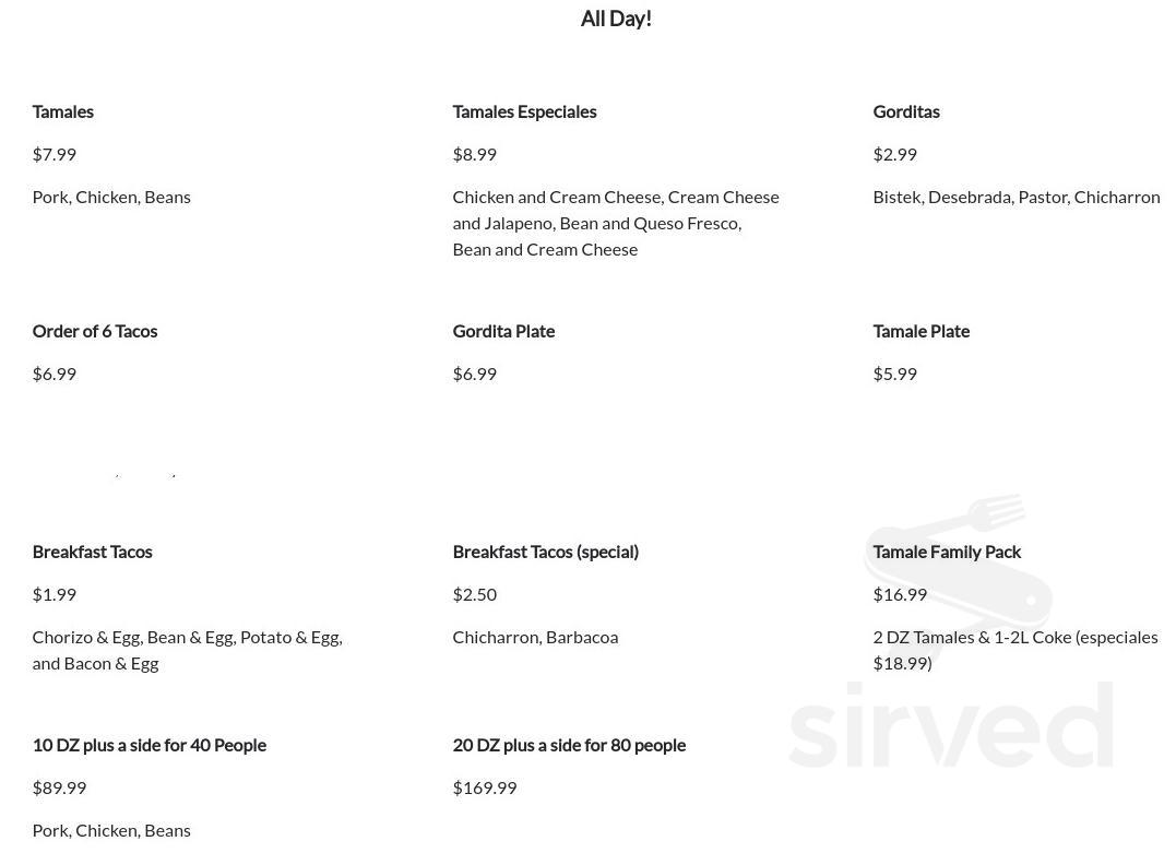 Menu for Parra's Tamales And Restaurant in Los Fresnos, TX | Sirved