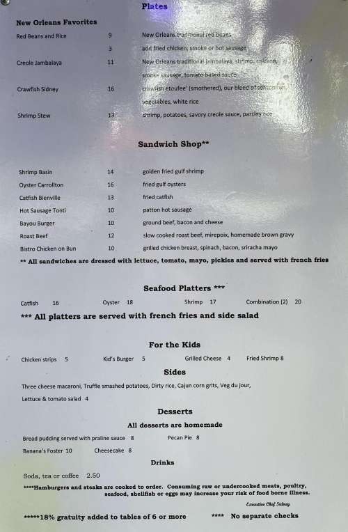 Bayou Bistro menu in New Orleans, Louisiana, USA