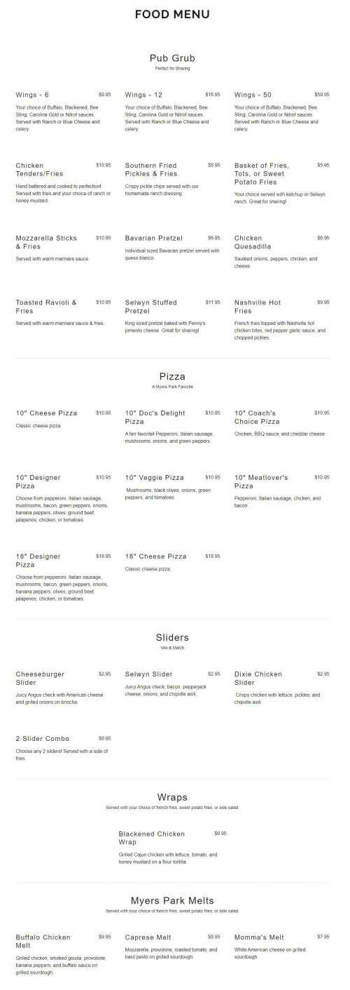 Selwyn Avenue Pub menu in Charlotte, North Carolina, USA
