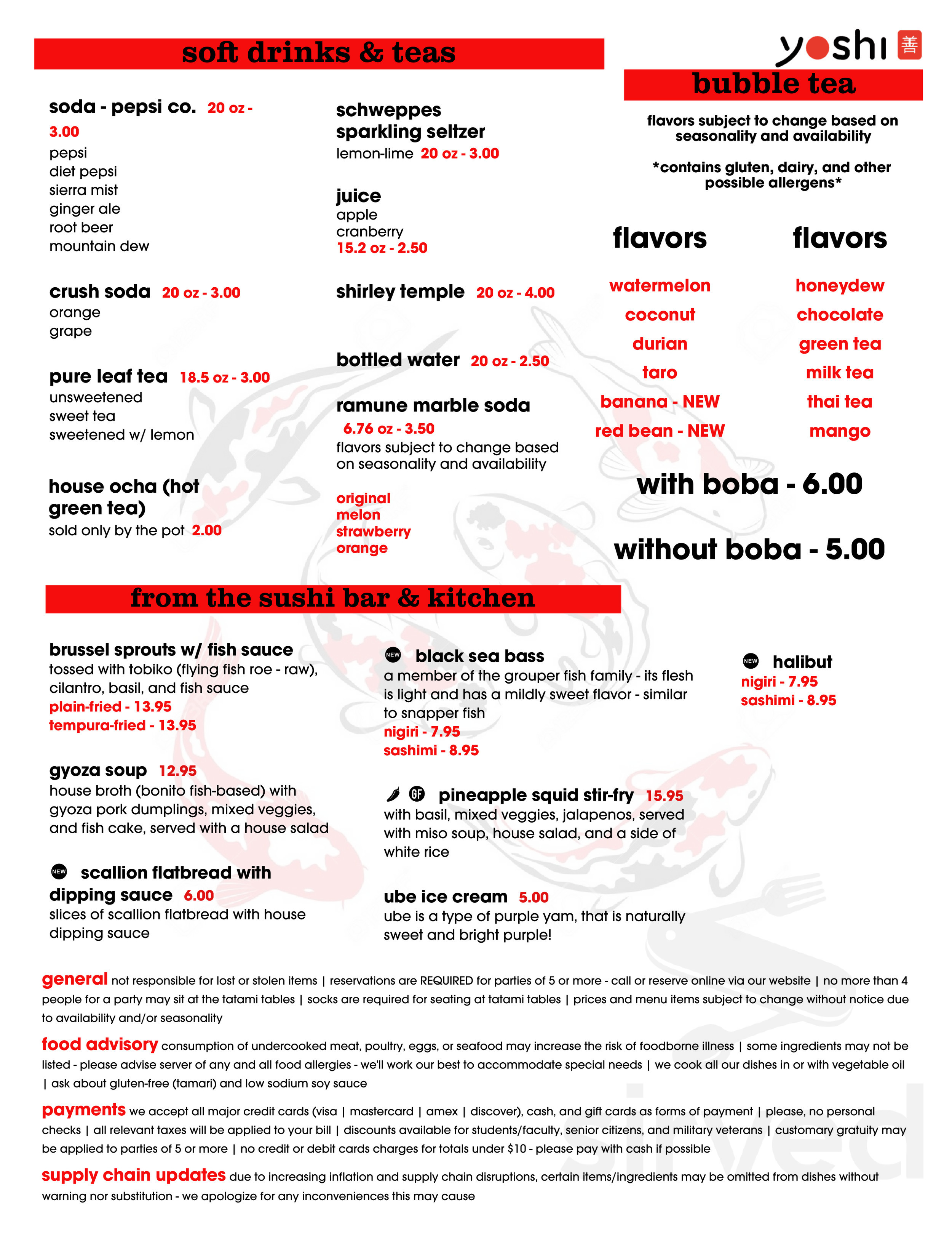 Menu - Brewer ME's Yoshi Japanese Restaurant | Sirved