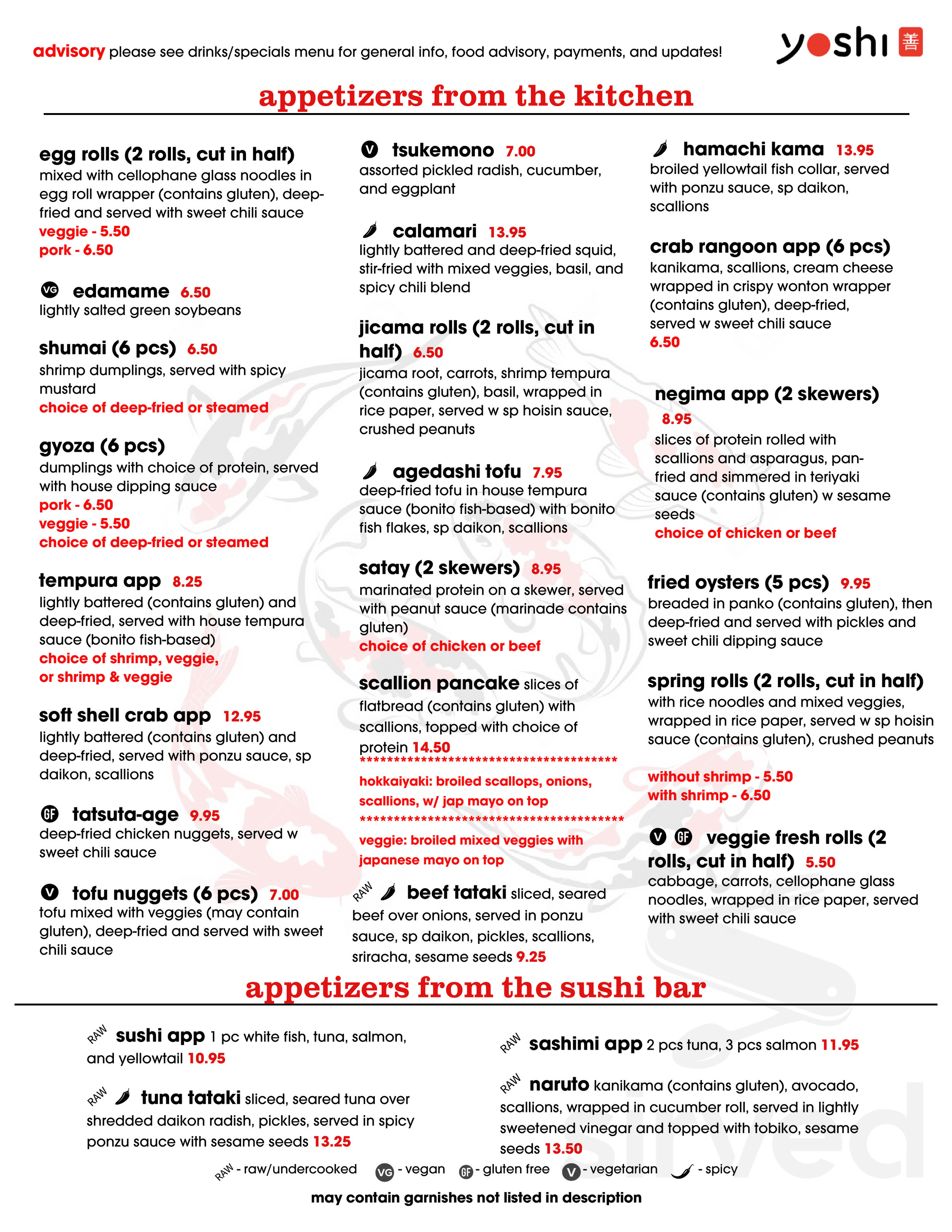 Yoshi Japanese Restaurant menu in Brewer, Maine, USA