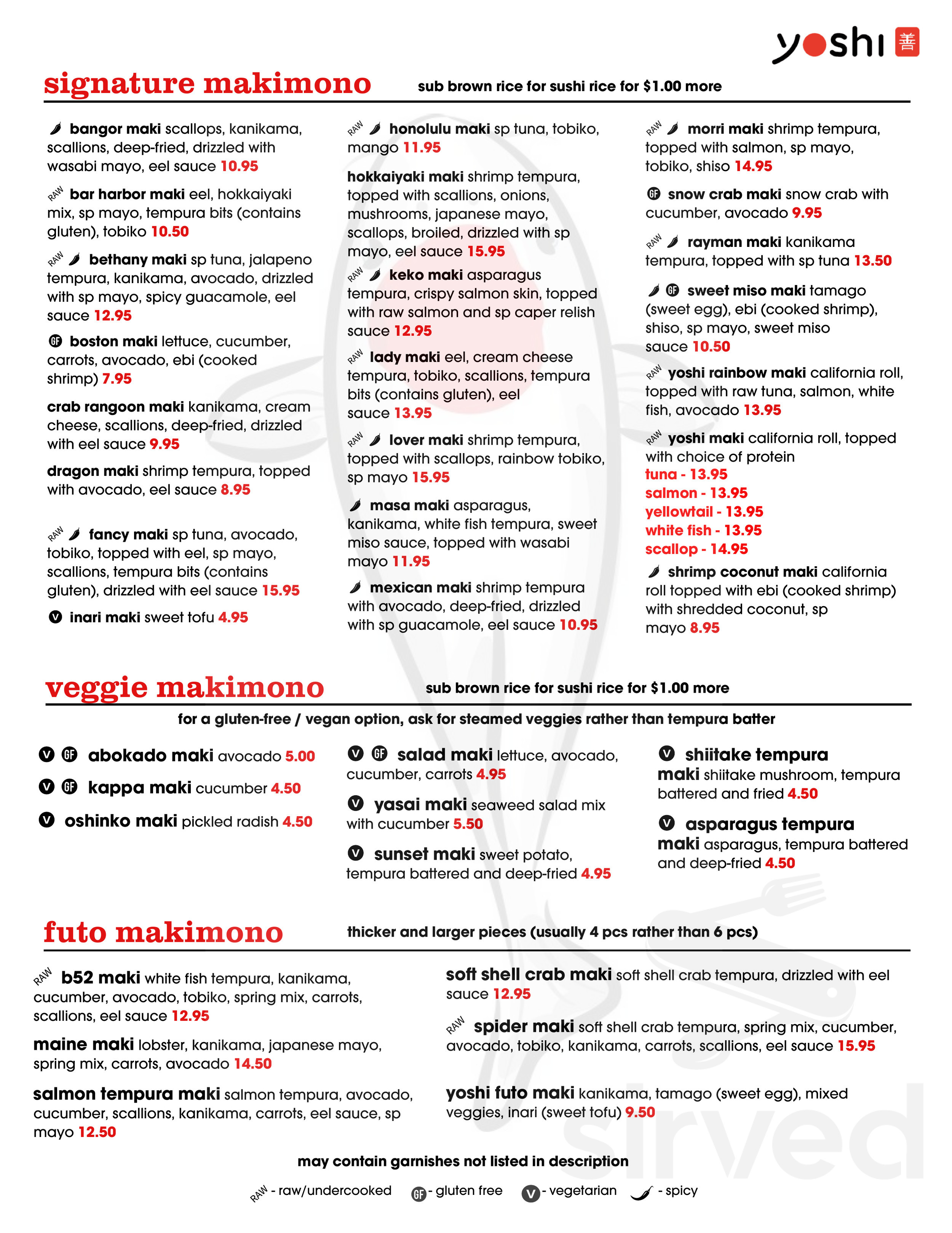 Menu - Brewer ME's Yoshi Japanese Restaurant | Sirved