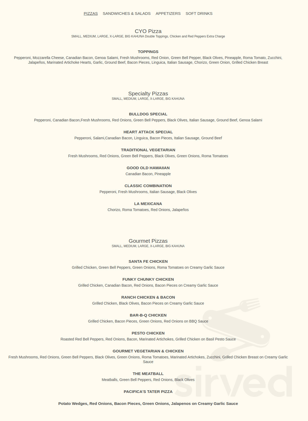 Pacifica Pizza menu in Fresno, California, USA