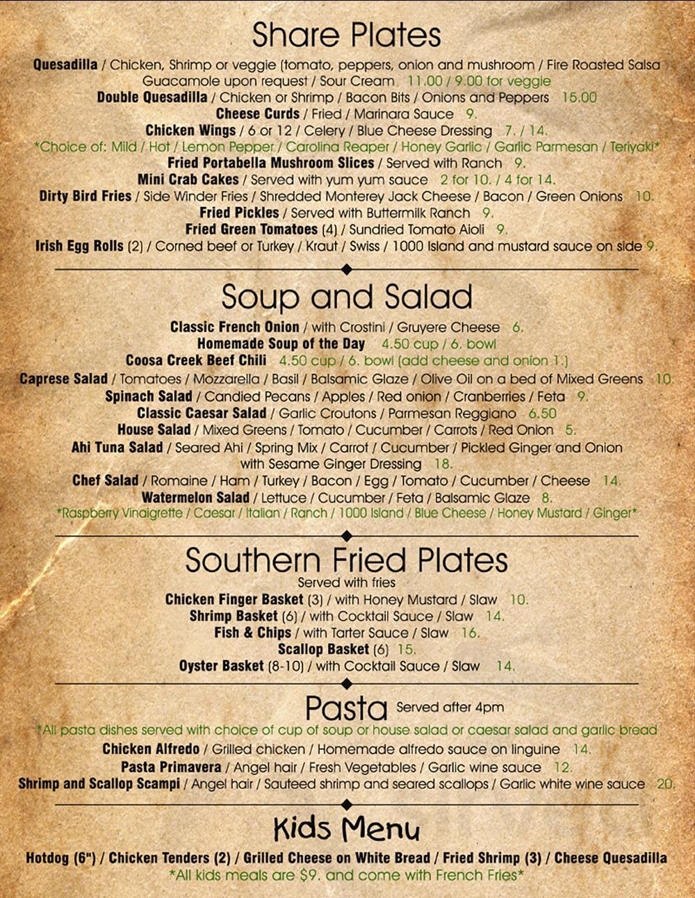 The View Grill menu in Blairsville, Georgia, USA