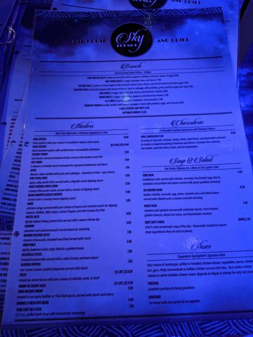 Sky Lounge menu in Springfield, Illinois, USA