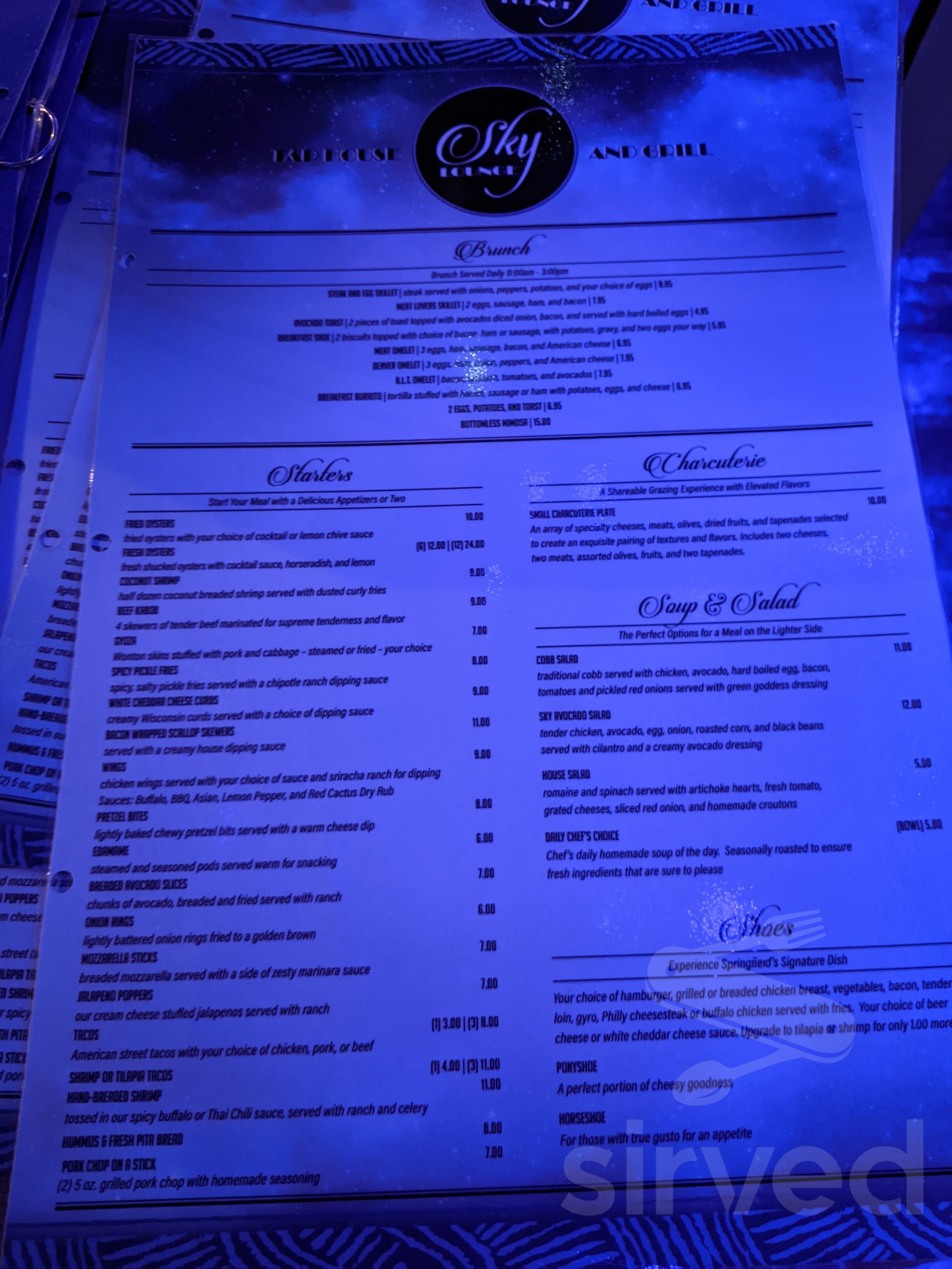 Sky Lounge menu in Springfield, Illinois, USA