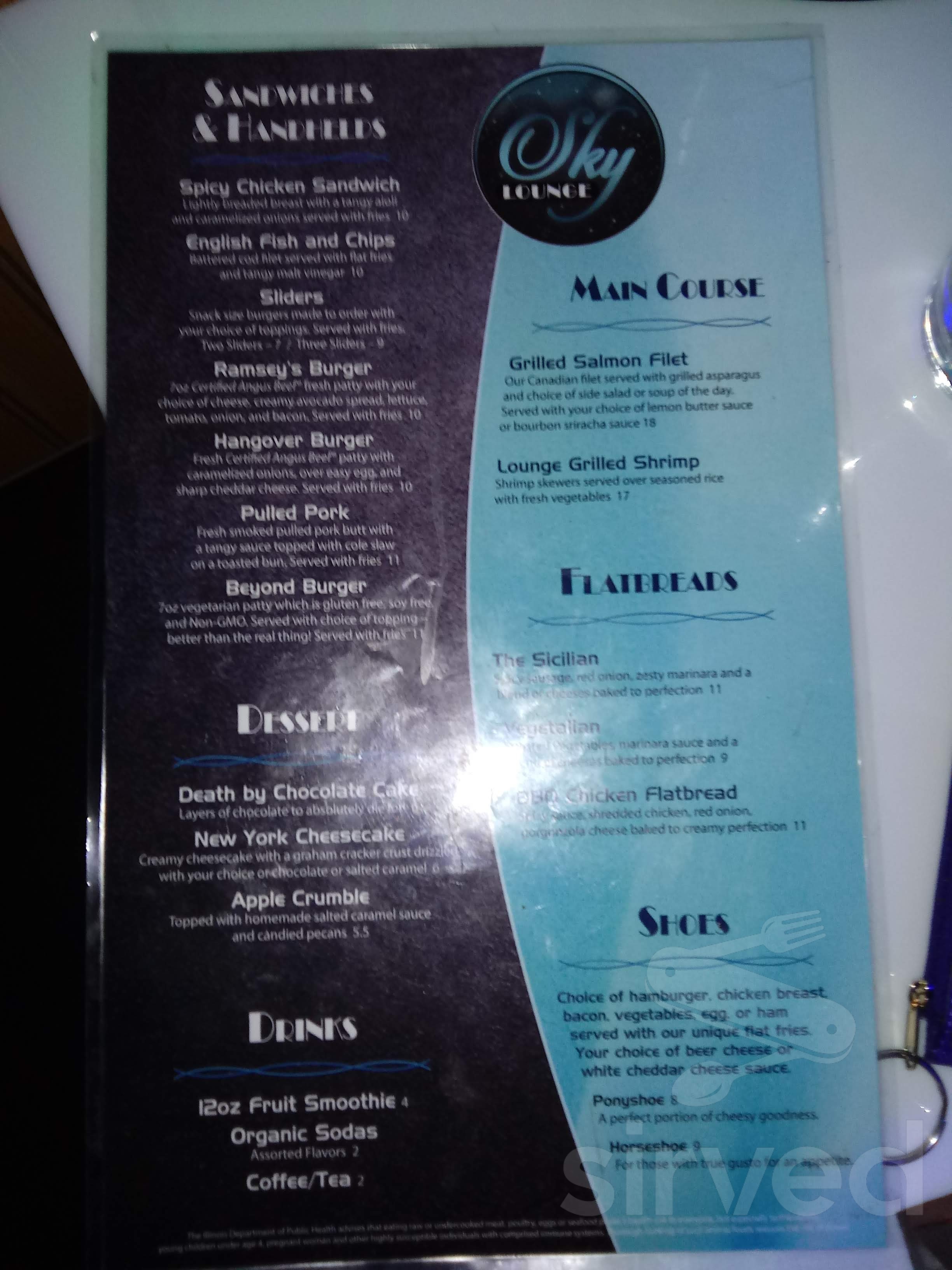Sky Lounge menu in Springfield, Illinois, USA
