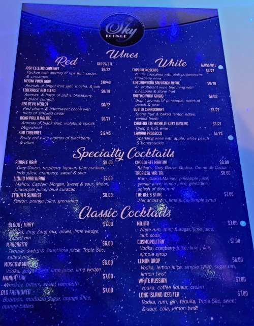 Sky Lounge menu in Springfield, Illinois, USA