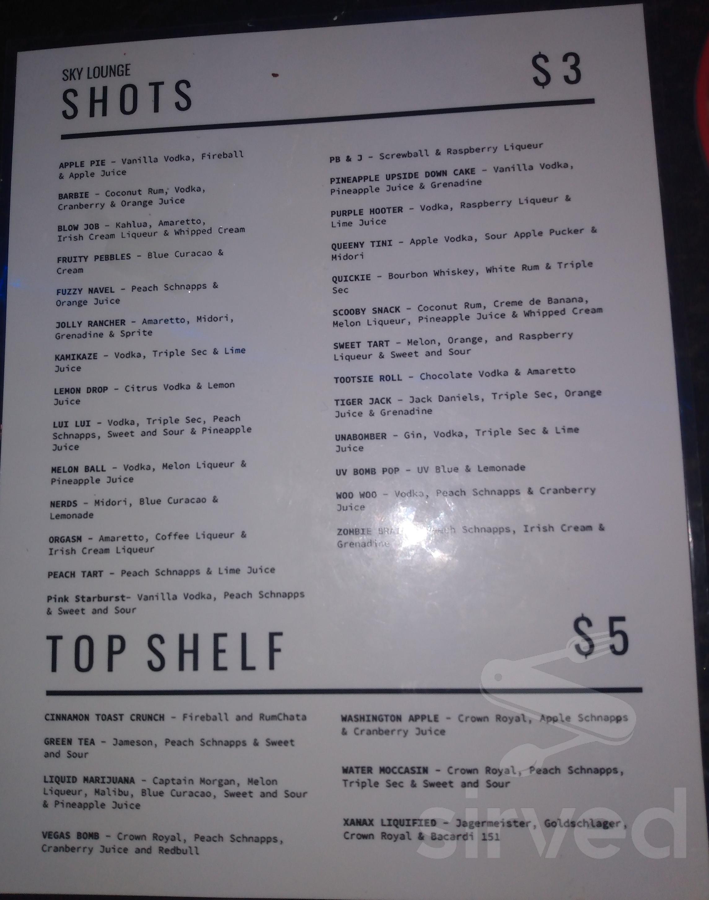 Sky Lounge menu in Springfield, Illinois, USA