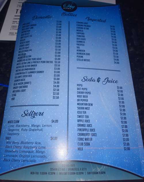 Sky Lounge menu in Springfield, Illinois, USA