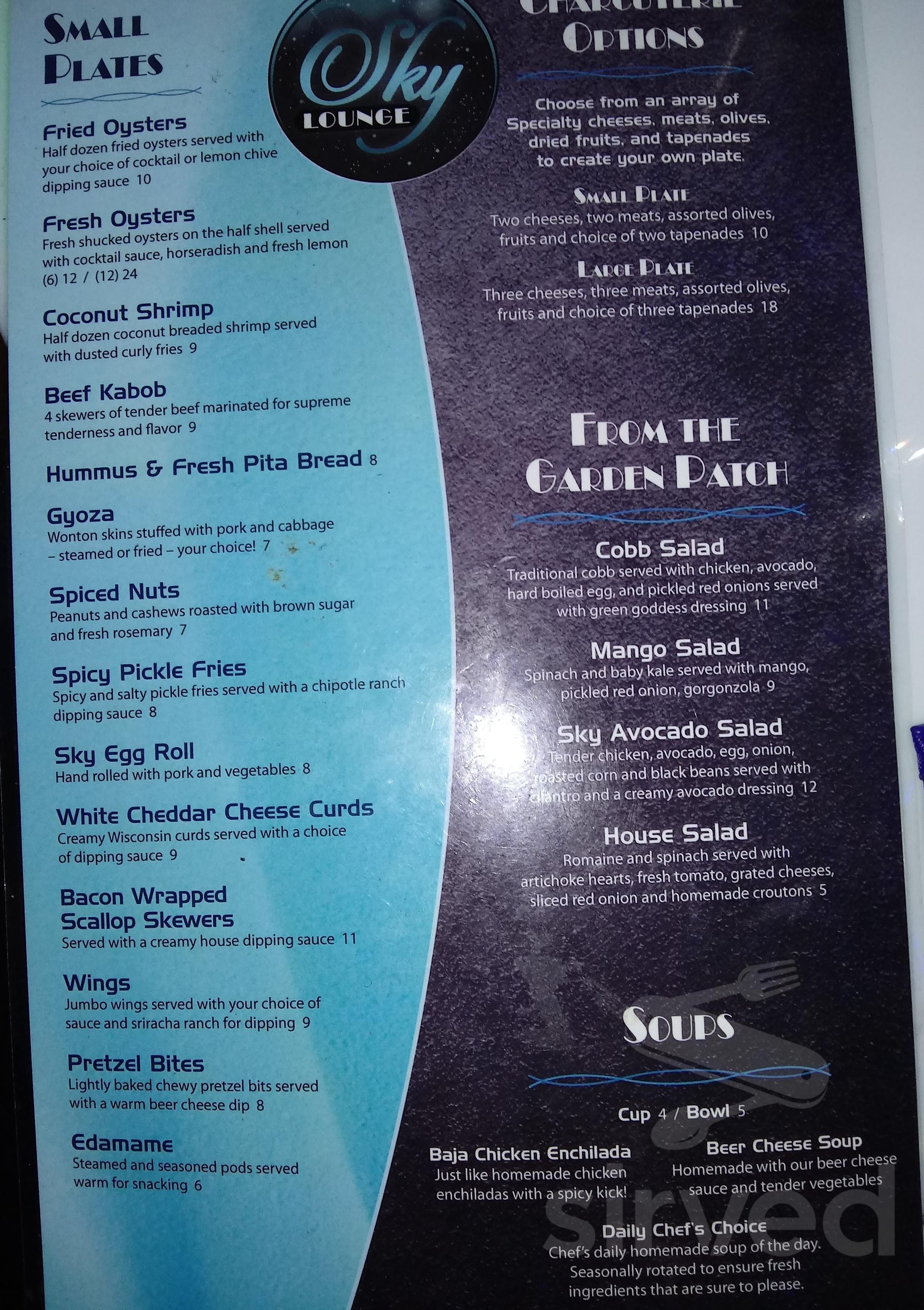 Sky Lounge menu in Springfield, Illinois, USA