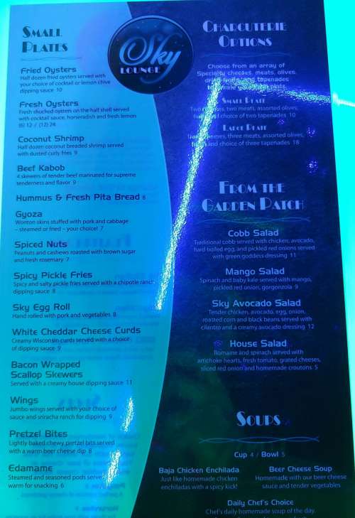 Sky Lounge menu in Springfield, Illinois, USA