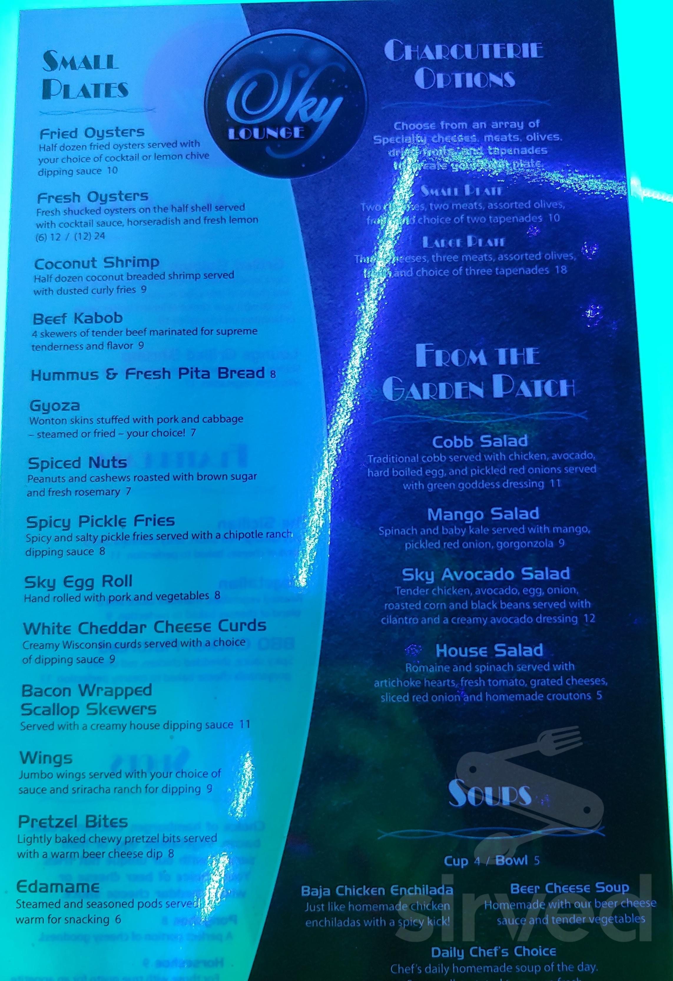Sky Lounge menu in Springfield, Illinois, USA