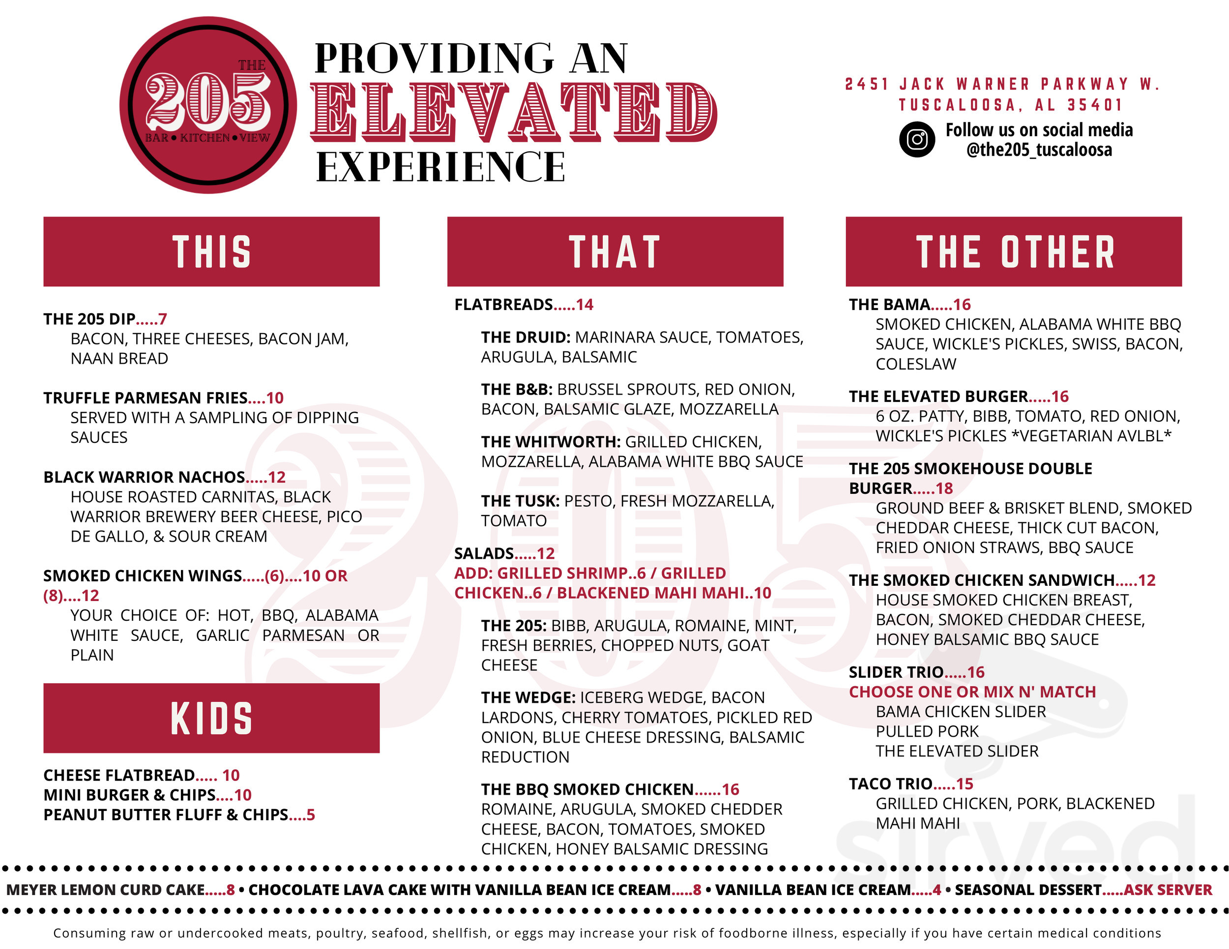 The 205 menu in Tuscaloosa, Alabama, USA