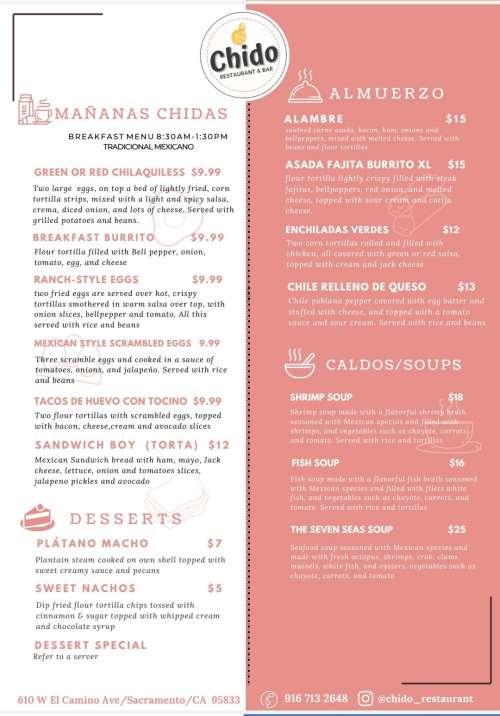 Chido Restaurant menu in Sacramento, California, USA