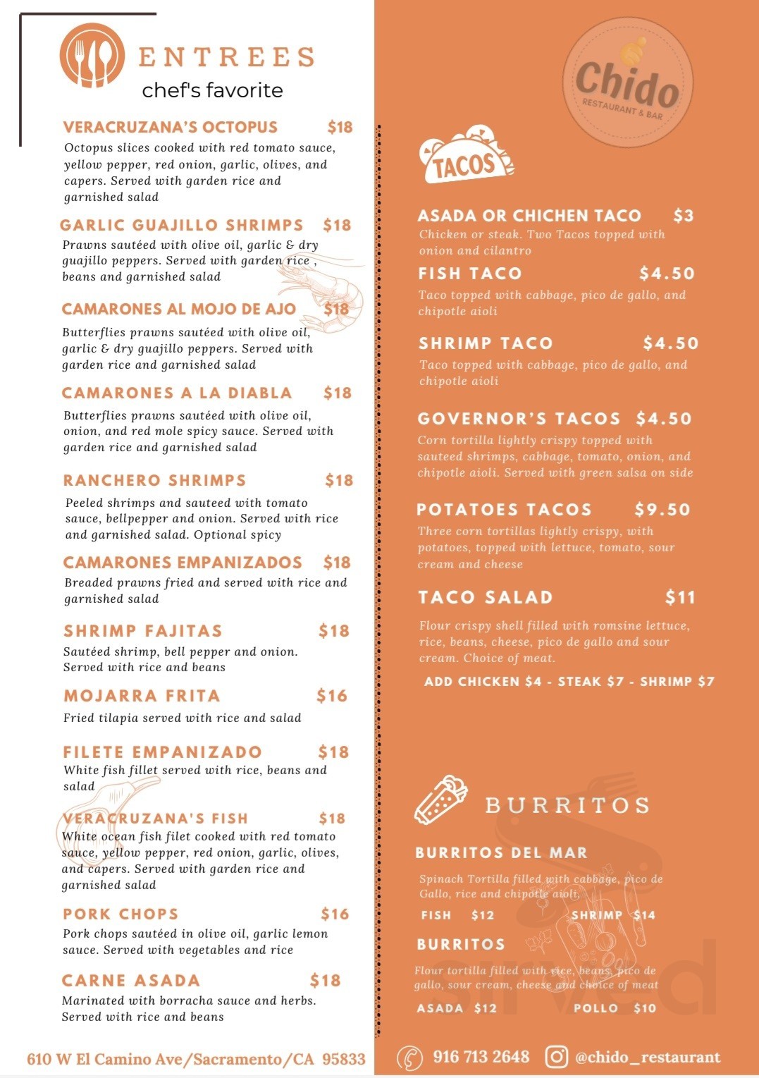 Chido Restaurant menu in Sacramento, California, USA