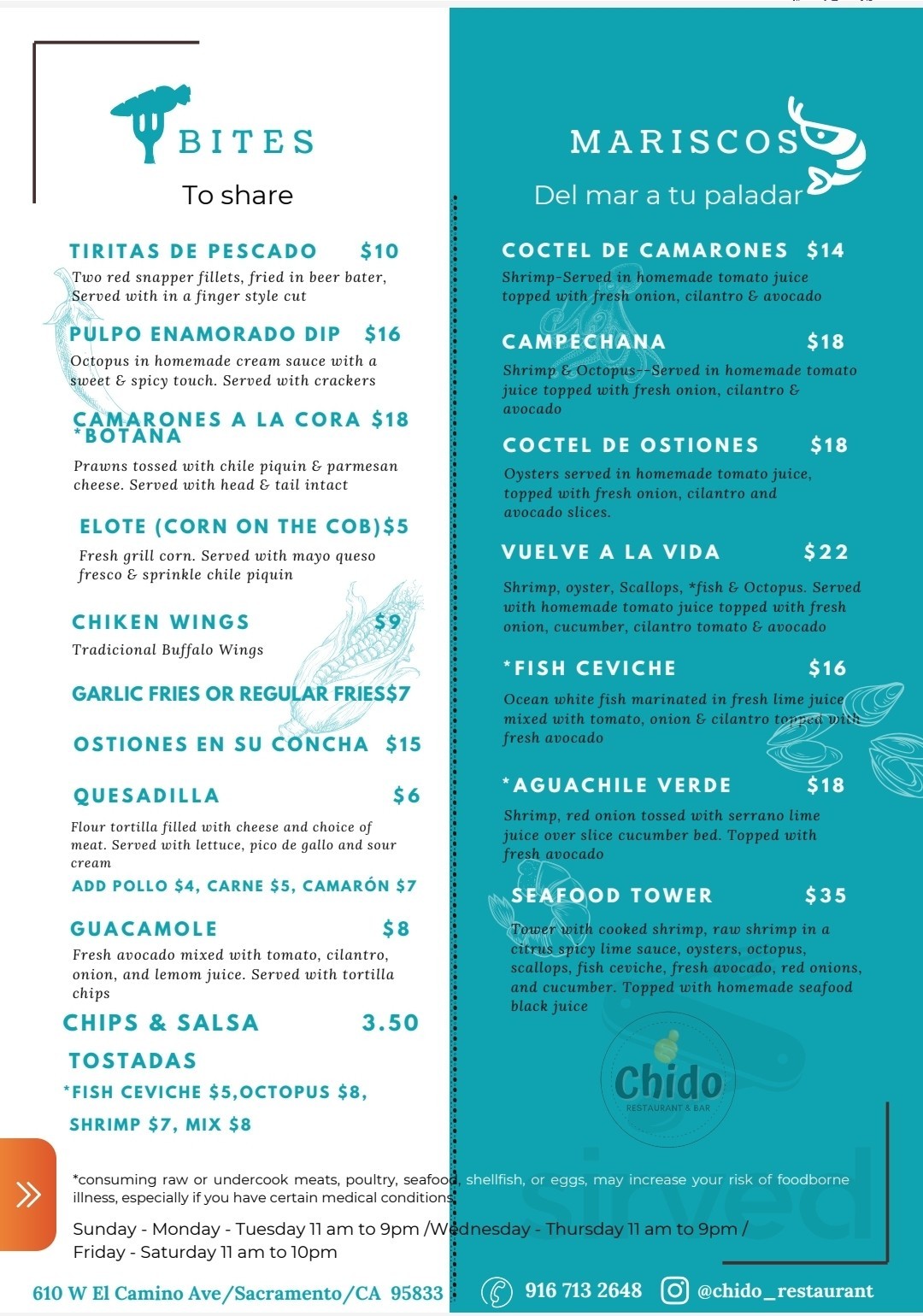 Chido Restaurant menu in Sacramento, California, USA
