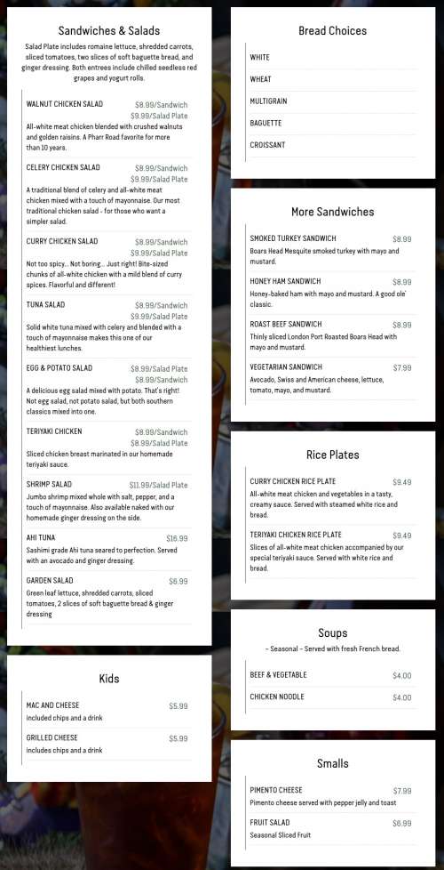Cafe at Pharr menu in Sandy Springs, Georgia, USA