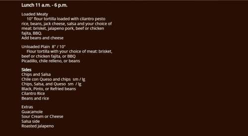 Burrito Stop menu in Amarillo, Texas, USA