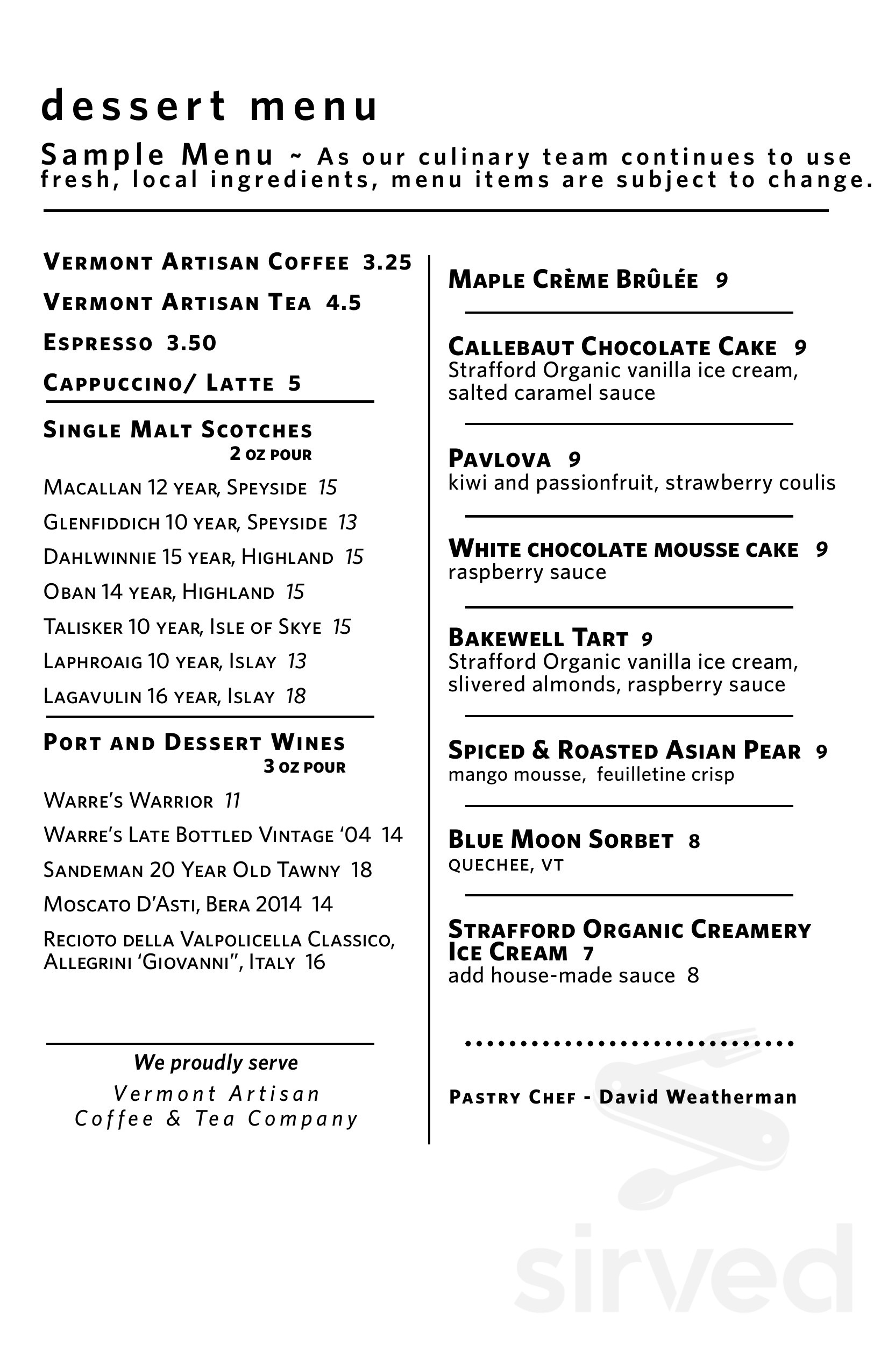 Simon Pearce menu in Quechee, Vermont, USA