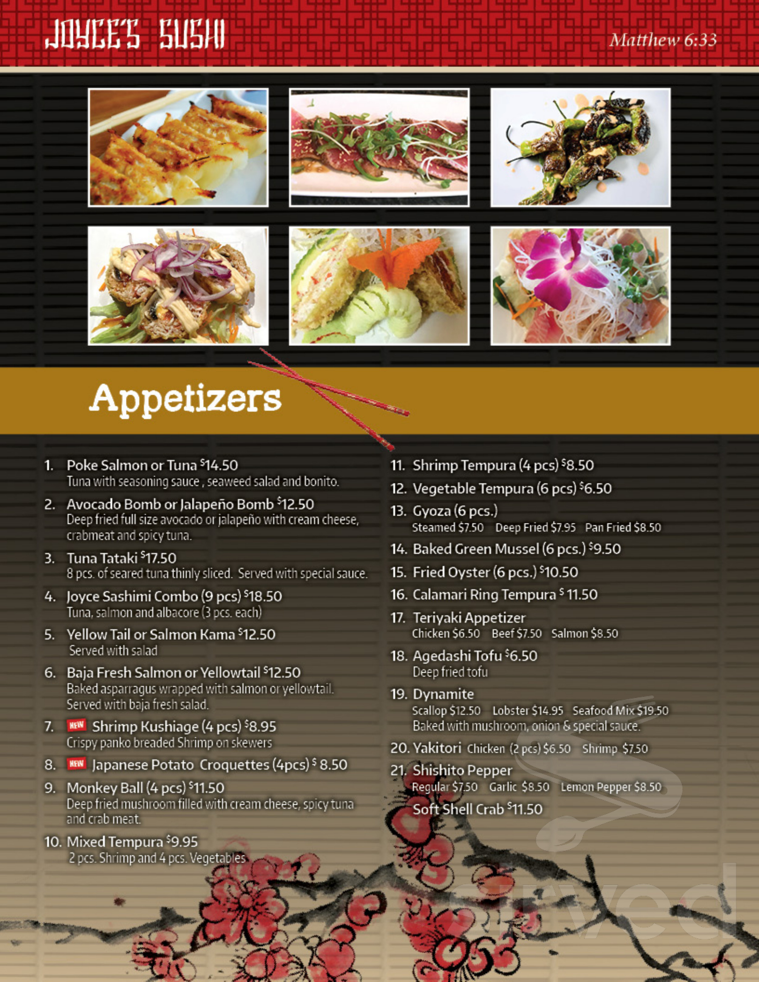 Joyce's Sushi menu in Rancho Mirage, California, USA