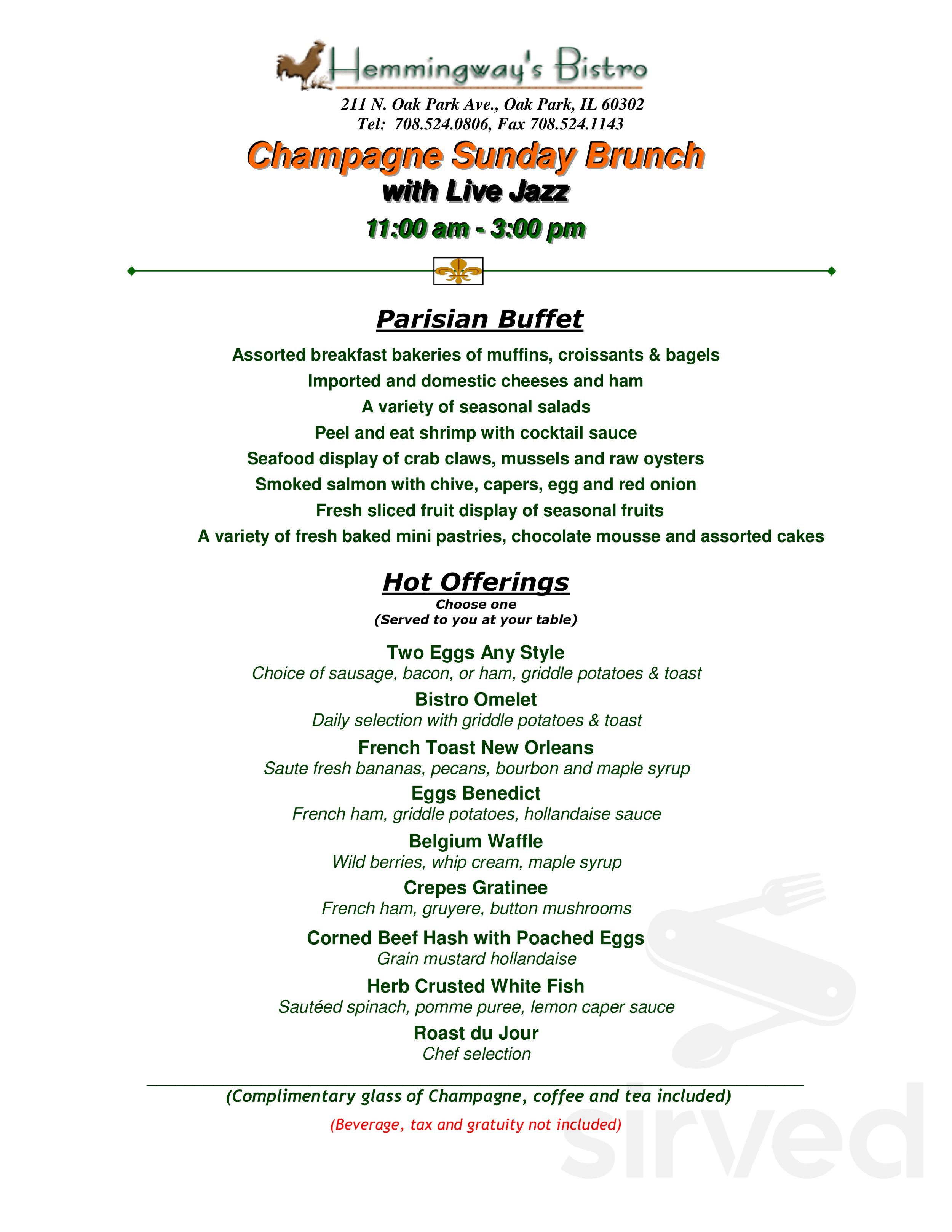 Hemmingway's Bistro menu in Oak Park, Illinois, USA