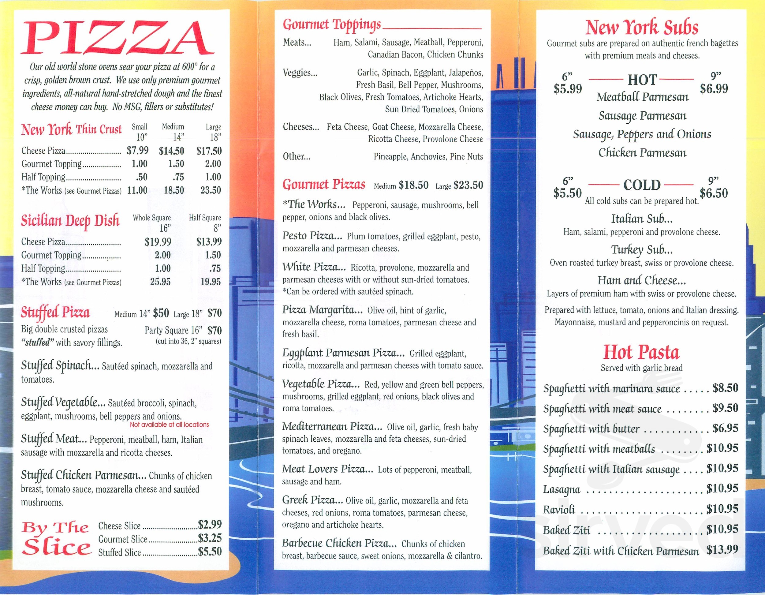 New York's Upper Crust Pizza menu in Laguna Niguel, California, USA