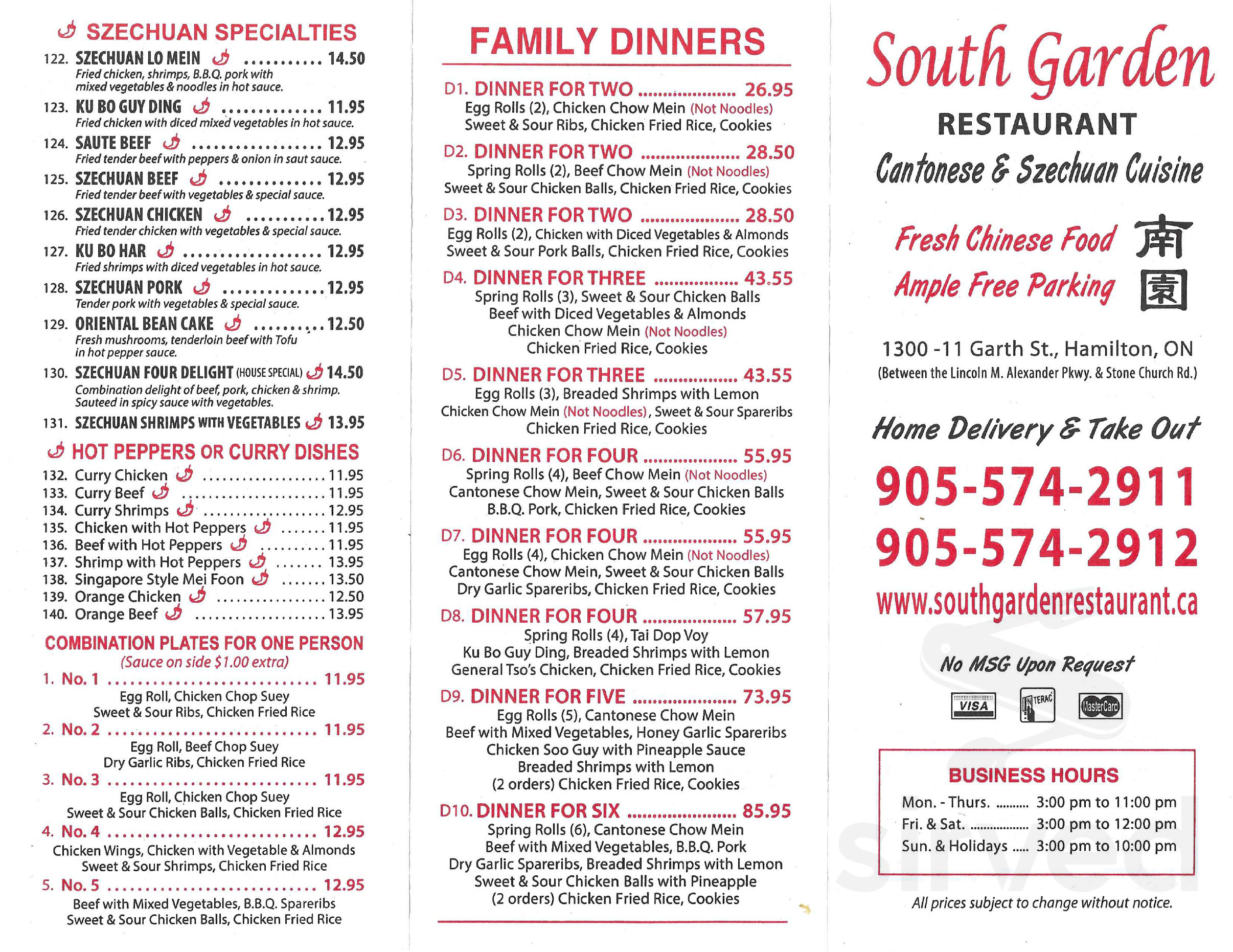 Menu for South Garden Restaurant in Hamilton, ON | Sirved