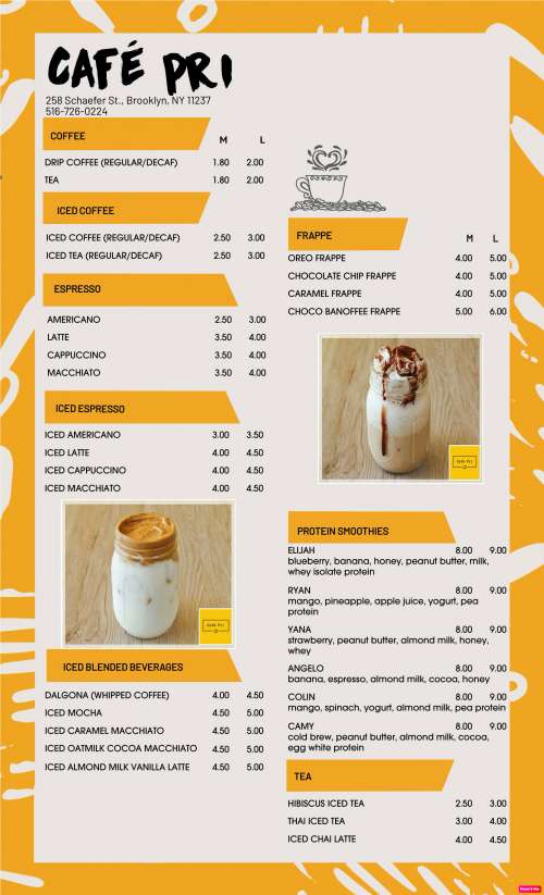 Café Pri menu in Brooklyn, New York, USA