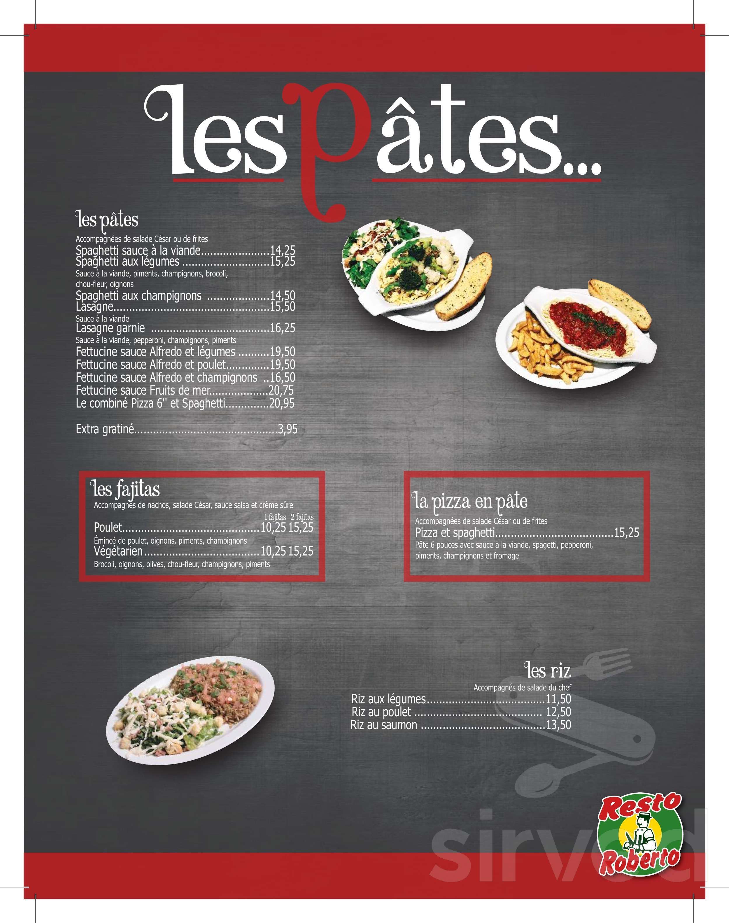 Resto Roberto menu in Alma, Quebec, Canada
