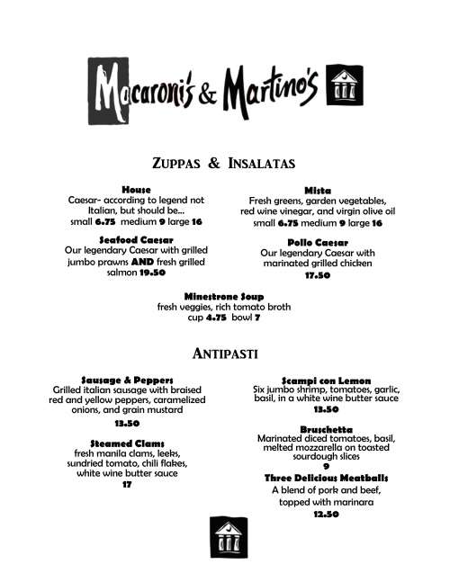 Macaroni's Ristorante Downstairs menu in Ashland, Oregon, USA