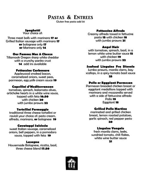 Macaroni's Ristorante Downstairs menu in Ashland, Oregon, USA