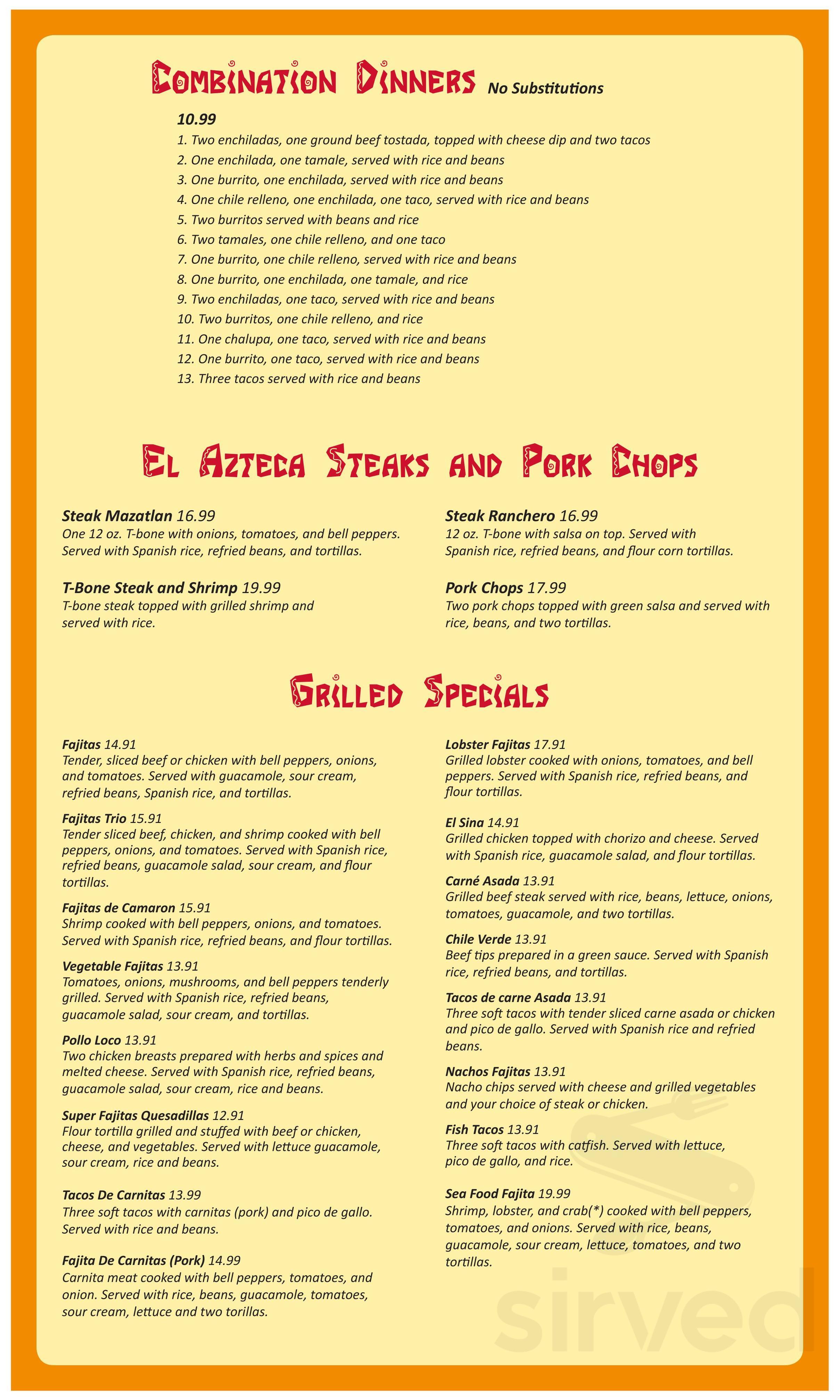 Menu - Dunkirk NY's El Azteca Restaurant | Sirved