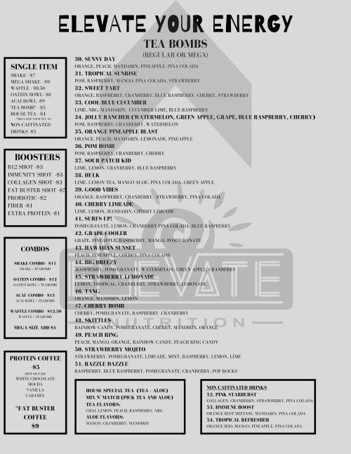 Elevate Nutrition menu in Nampa, Idaho, USA