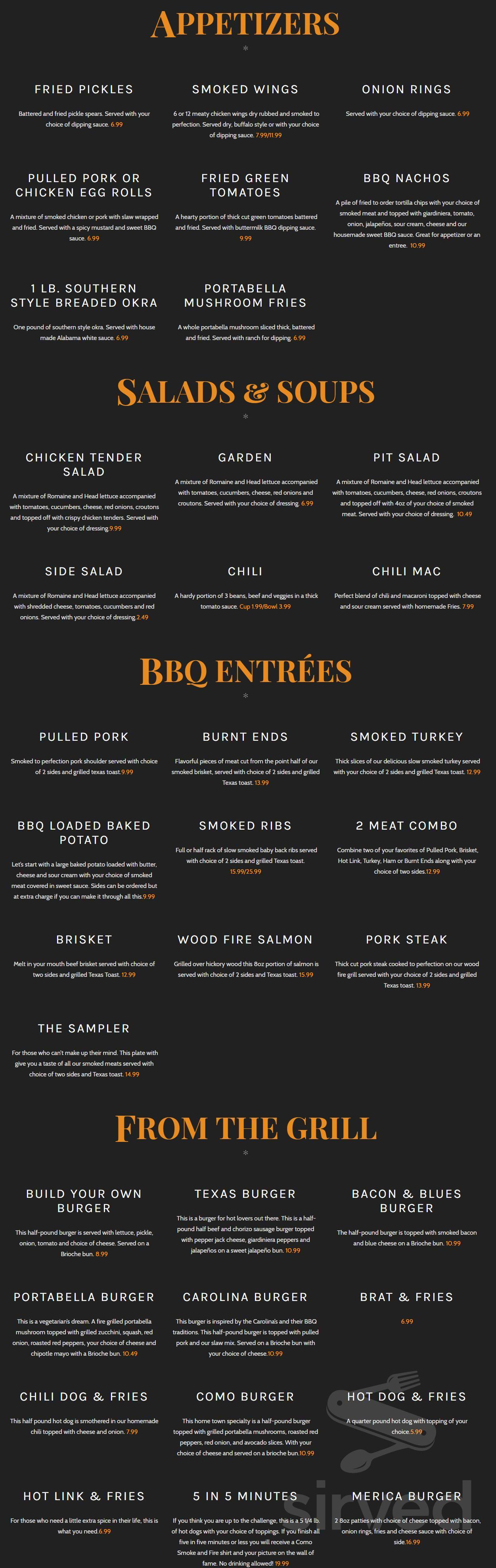 Como Smoke and Fire menu in Columbia, Missouri, USA