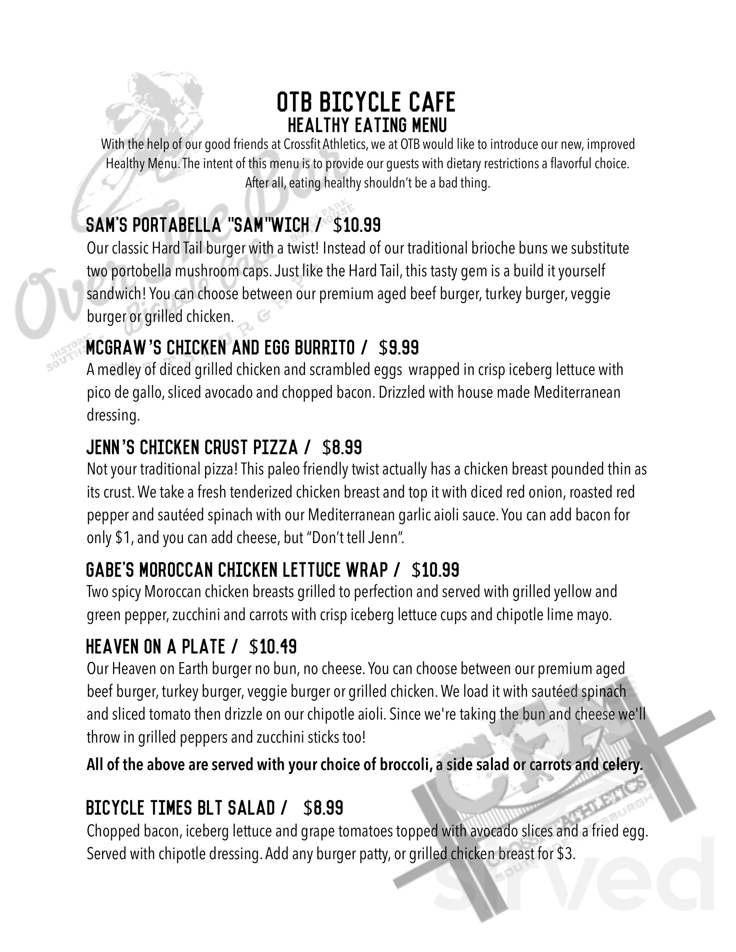 Over The Bar Bicycle Cafe in the Historic South Side menu in Pittsburgh ...