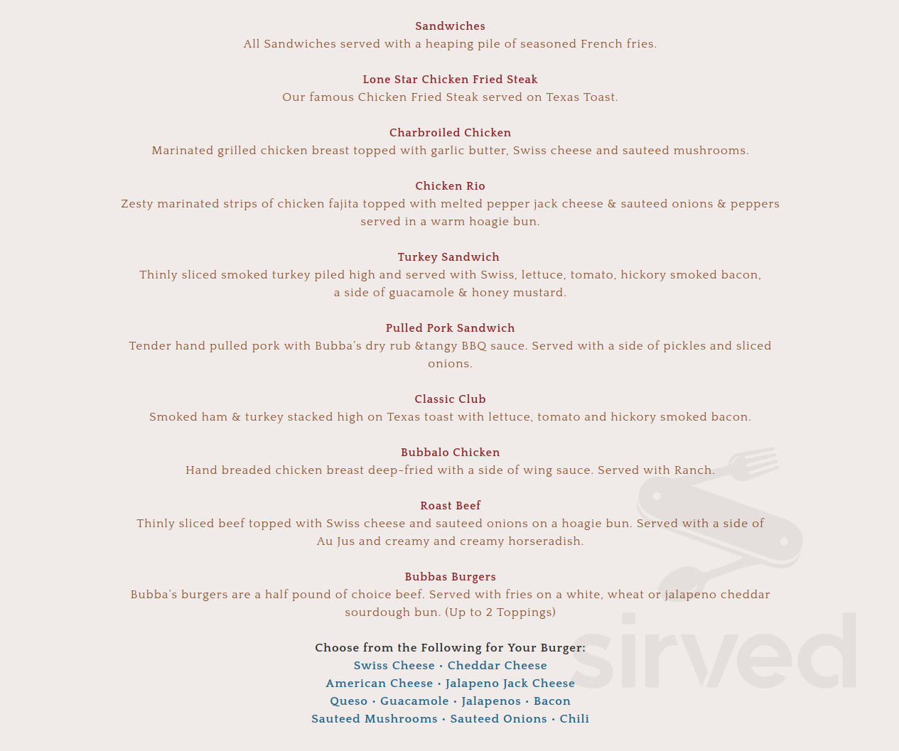 Lone Star Cafe menu in Hillsboro, Texas, USA