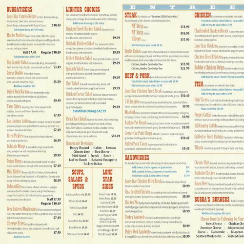 Lone Star Cafe menu in Hillsboro, Texas, USA