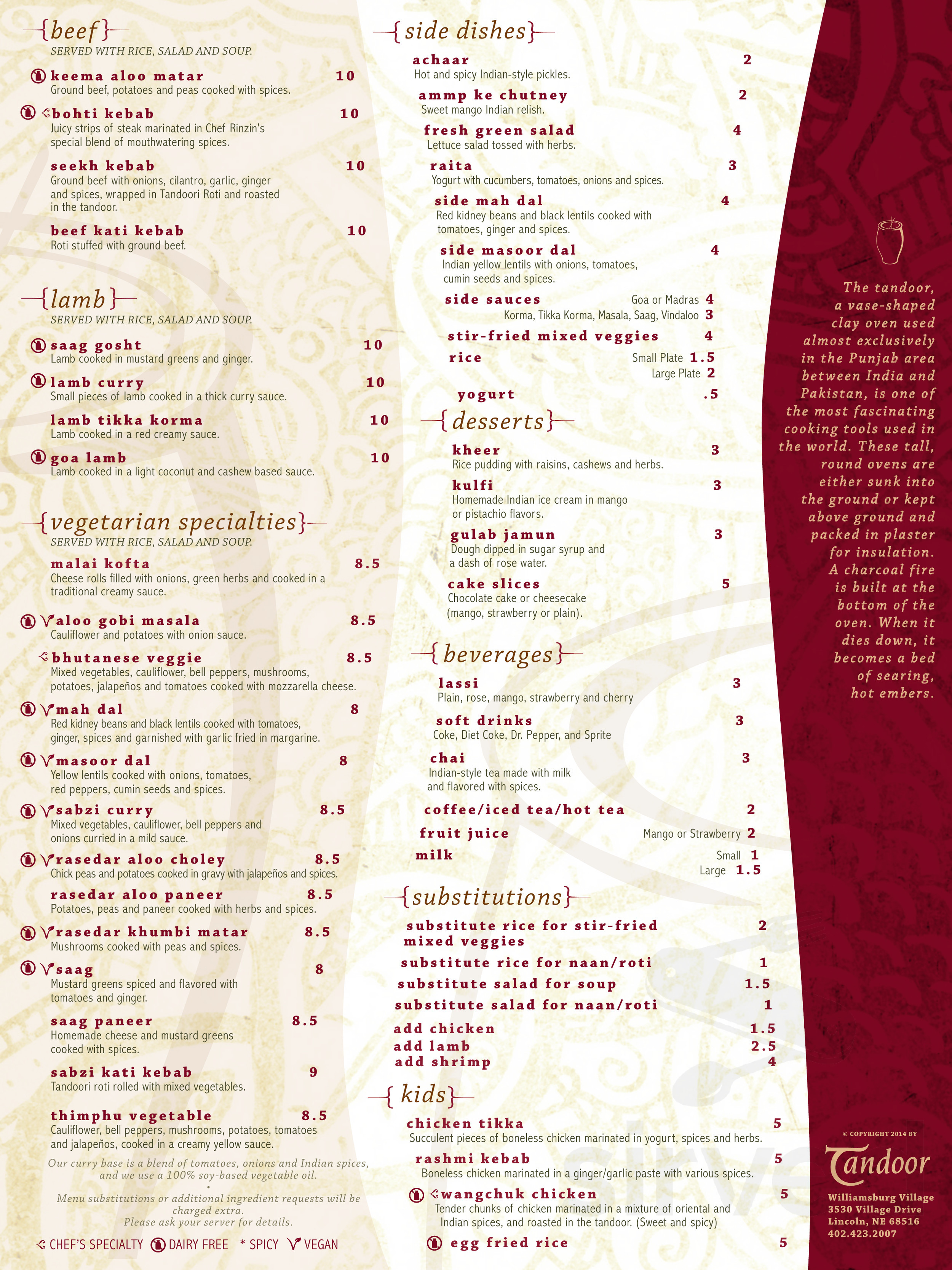Tandoor Indian Cuisine menu in Lincoln, Nebraska, USA
