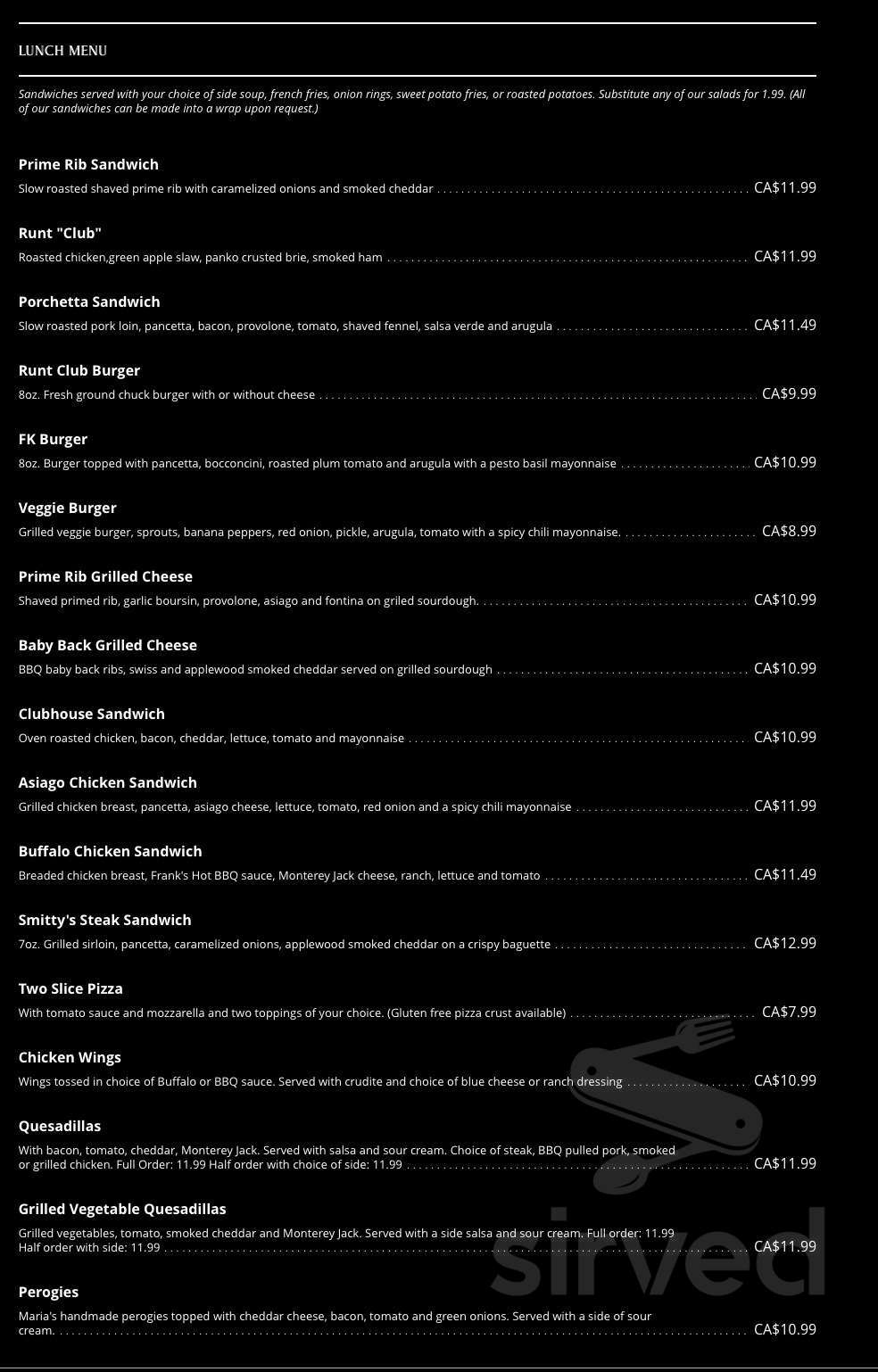 Runt Club Pub menu in London, Ontario, Canada