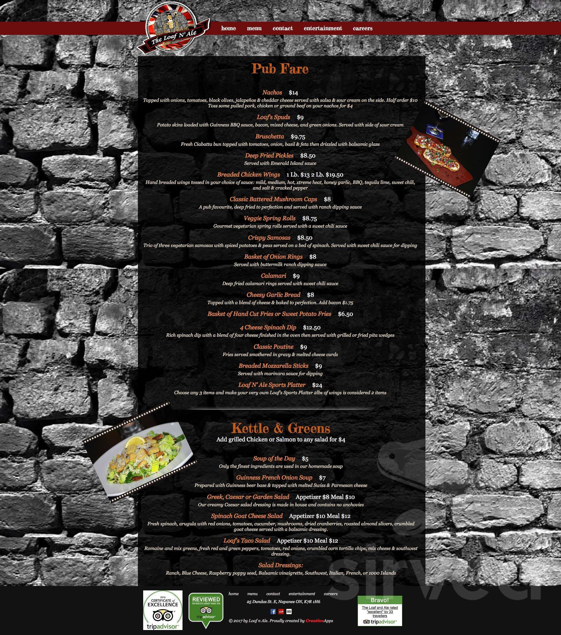 The Loaf N' Ale Pub & Restaurant menu in Napanee, Ontario, Canada