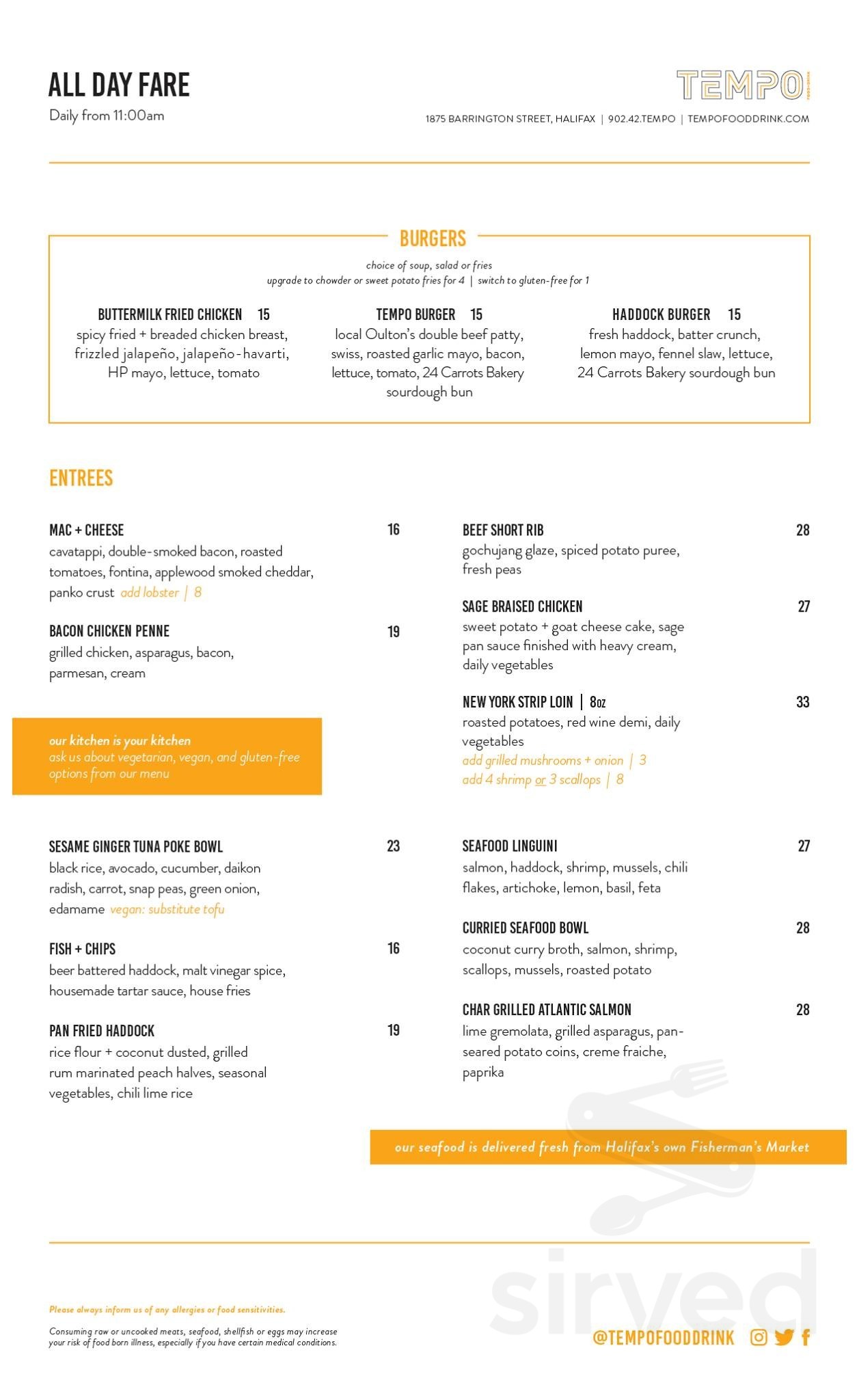 Menu for Tempo Food + Drink in Halifax, NS | Sirved