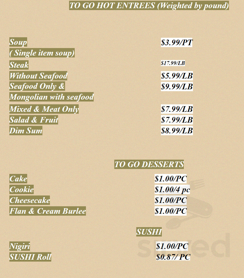 Harvest Buffet menu in Tacoma, Washington, USA